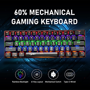 Compact Mechanical Gaming Keyboard Mini Portable with Ergonomic 61 Key Layout Multi Rainbow LED Backlight Anti-ghosting Waterproof Type-C USB Wired for PC MAC Gamer Computer Typist(Black/Blue Switch)