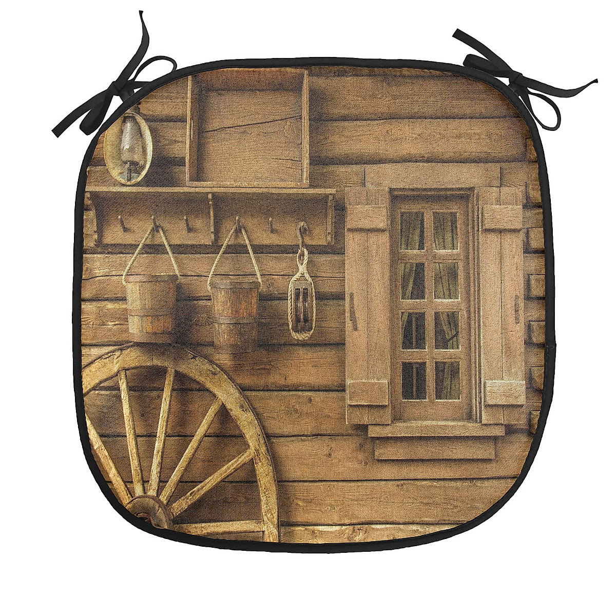 Lunarable Western Chair Cushion Pads Set 12, Old Wagon Wheel Next to Rustic Wooden House Vintage Window Buckets Cottage Print, Anti-Slip Seat Padding for Kitchen & Patio, 16"x16", Olive Green