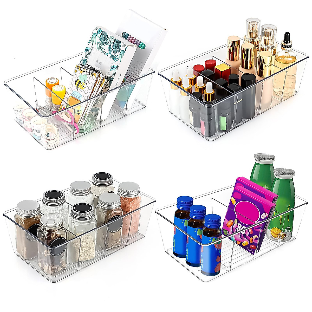 Tesdluy 4 Pack Refrigerator Organizer Storage Bins,3 Removable Dividers Clear Food Grade Plastic Stackable, Easy Pantry Organization for Kitchen, Cabinet, Fridge ﻿