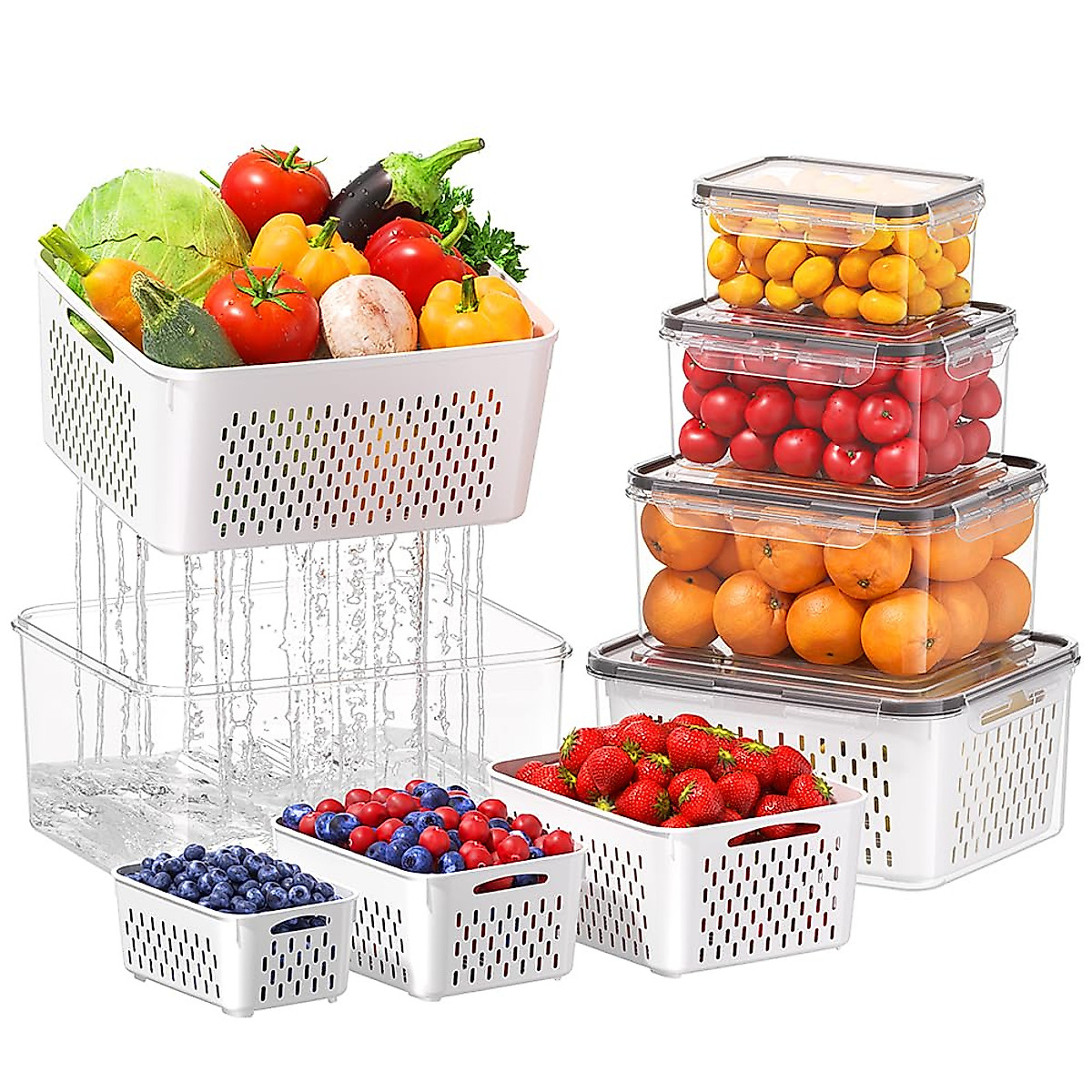 5 PCS Large Fruit Storage Containers for Fridge, Airtight Food Storage Containers with Removable Colander, Dishwasher & Microwave Safe, Berries Containers Keep Vegetables, Fruits Fresh Longer