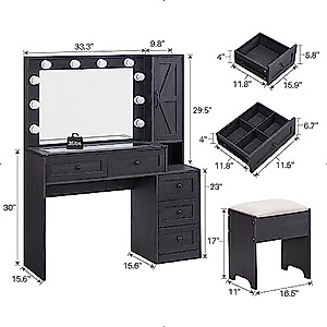 JXQTLINGMU Farmhouse Vanity Makeup Desk with Charging Station, 43" W Vanity Desk with Lights Mirror and Drawers for Makeup, Big Modern Vanity Table Set with Vanity Stool for Bedroom, Black