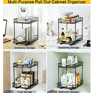ESOW Pull Out Cabinet Organizer with 2 Tier, Heavy Duty Under Sink Slide Out Storage Shelf with Wooden Handle in Kitchen, Bathroom, Pantry, 12.79" W x16.5 D x16.14 H, SUS304 Matte Black