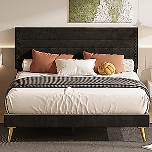 LIKIMIO Queen Bed Frame, Upholstered Platform Bed with Headboard Heavy Strong Metal/Wood Supports, Easy Assembly, Noise-Free, No Box Spring Needed, Black