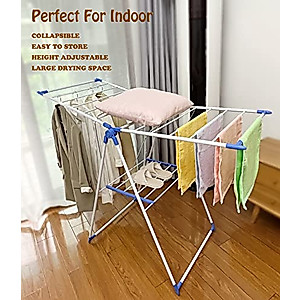 ichofun Clothes Drying Rack, Foldable 2-Tier Drying Racks for Laundry, Large Foldable Laundry Stand with Height-Adjustable Gullwings, for Clothes, Towels, Linens, Indoor/Outdoor, BlueWhite 50"