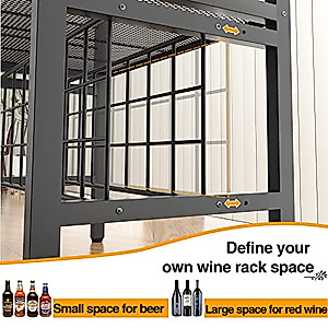 Unikito Wine Rack Table, Modern Freestanding Floor Liquor Bar Table Cabinet with Glass Rack Bottle Shelf, Industrial Wine Bar Cabinet with Storage and Hook for Home Kitchen Dining Room, Rustic Brown