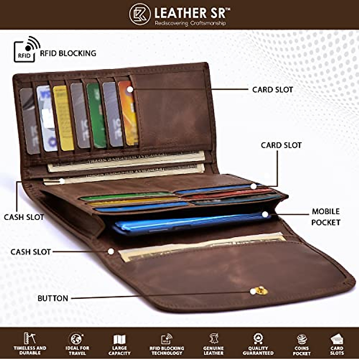 Leather SR Womens Leather Wallet Large Trifold Genuine Brown Leather Wallets for Women RFID Blocking Ladies Multi Card Holder Iphone 14 Compatible, 13 Credit Card Slots, 4 Cash Compartment, 7.7”x4.3”