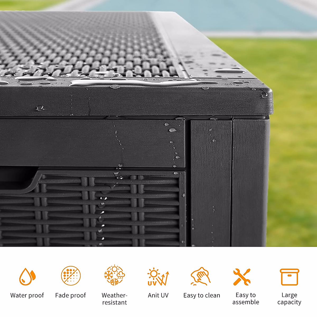 Lynkloft Outdoor Storage Box 100 Gallon Waterproof Deck Box Resin Patio Storage Bench with Lockable Lid Outdoor Storage Bin for Pillow, Cushion, Garden Tool, Black