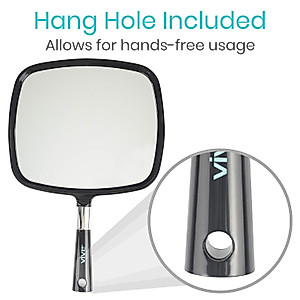 Vive Hand Mirror - Handheld Mirror with Handle - Extra Large Travel Portable Design - Makeup Mirror, Hair, Bathroom, Shaving, Barber - Vanity for Women, Men with Paddle Handle - Black Plastic Tool