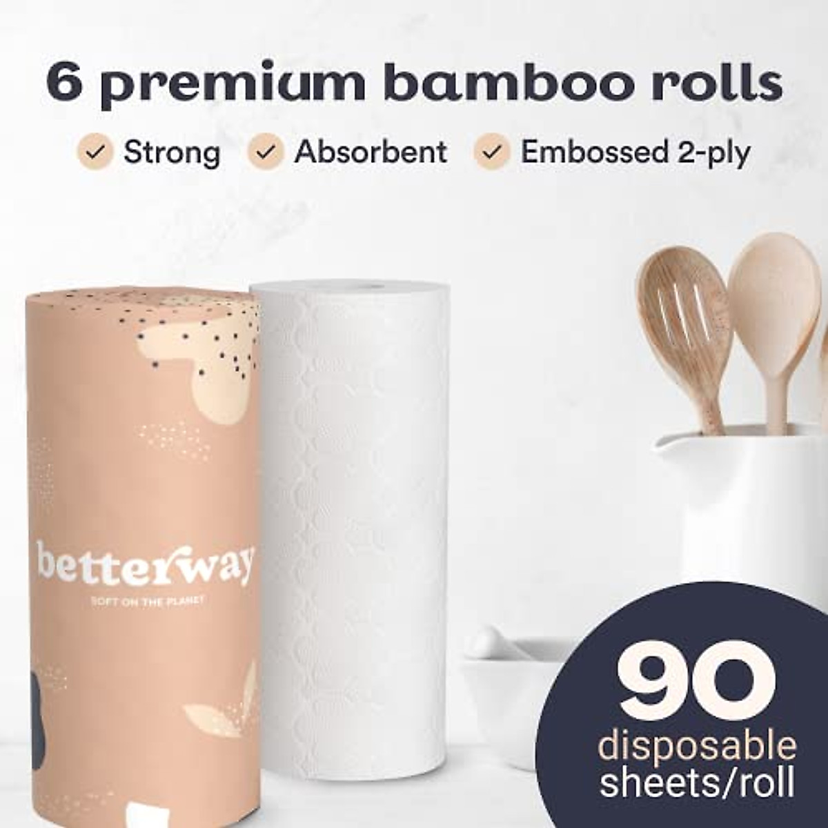 Betterway Bamboo Paper Towels - 6 Rolls, 2 Ply - Plastic Free, Disposable Kitchen Paper Towels - Select Size, Tree Free, Compostable, Strong & Absorbent - Sustainable Product w/Eco Friendly Packaging