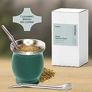 Norte Yerba Mate Natural Gourd/Tea Cup Set Green (Original Traditional Mate Cup - 8 oz) | Includes Bombilla (Yerba Mate Straw) & Cleaning Brush | Green Stainless Steel | Double-Walled | Easy to Clean