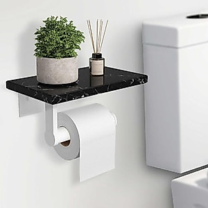 Toilet Paper Holder with Shelf，Wall Mounted Black Toilet Paper Holder，Marble Tissue Roll Holder for Bathroom Washroom(Middle 7.87 * 4.72 in)