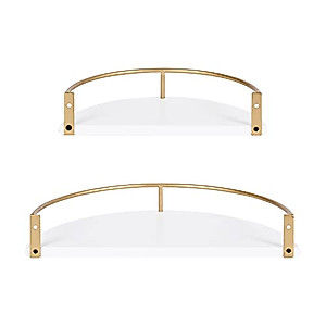 Kate and Laurel Camryn Boho Half Moon Wall Shelf Set, Set of 2, White and Gold, Decorative Bohemian Half Circle Shelf for Household Storage and Boho Decor