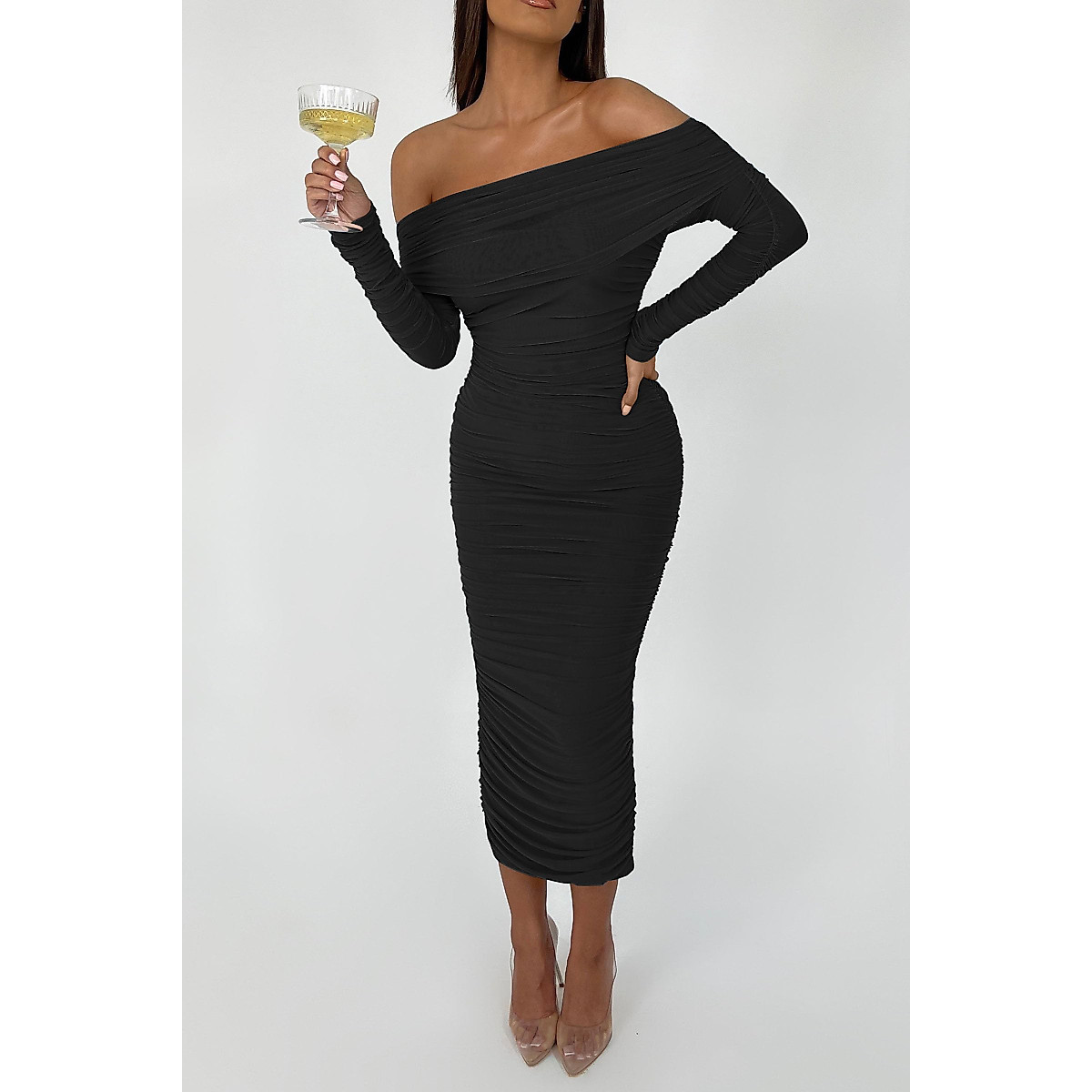 PRETTYGARDEN Women's Fall Off Shoulder Maxi Bodycon Dress Long Sleeve Ruched Fitted Club Dresses with Slit (Black,Small)