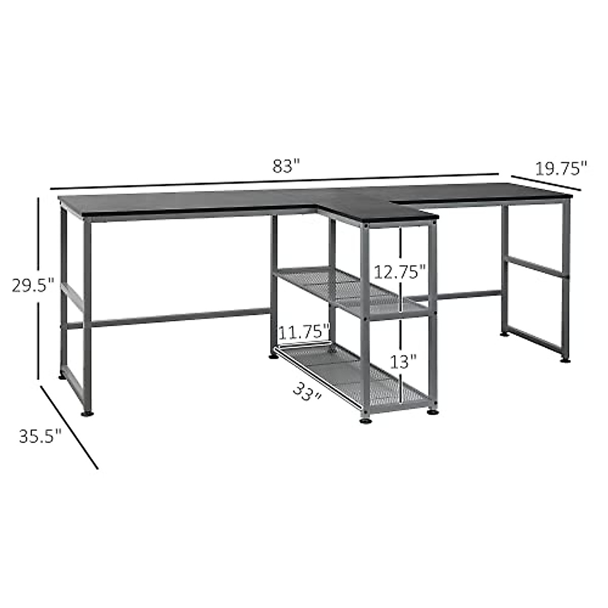 HOMCOM 83" Two Person Computer Desk with 2 Storage Shelves, Double Desk Workstation with Book Shelf, Long Desk Table for Home Office, Black