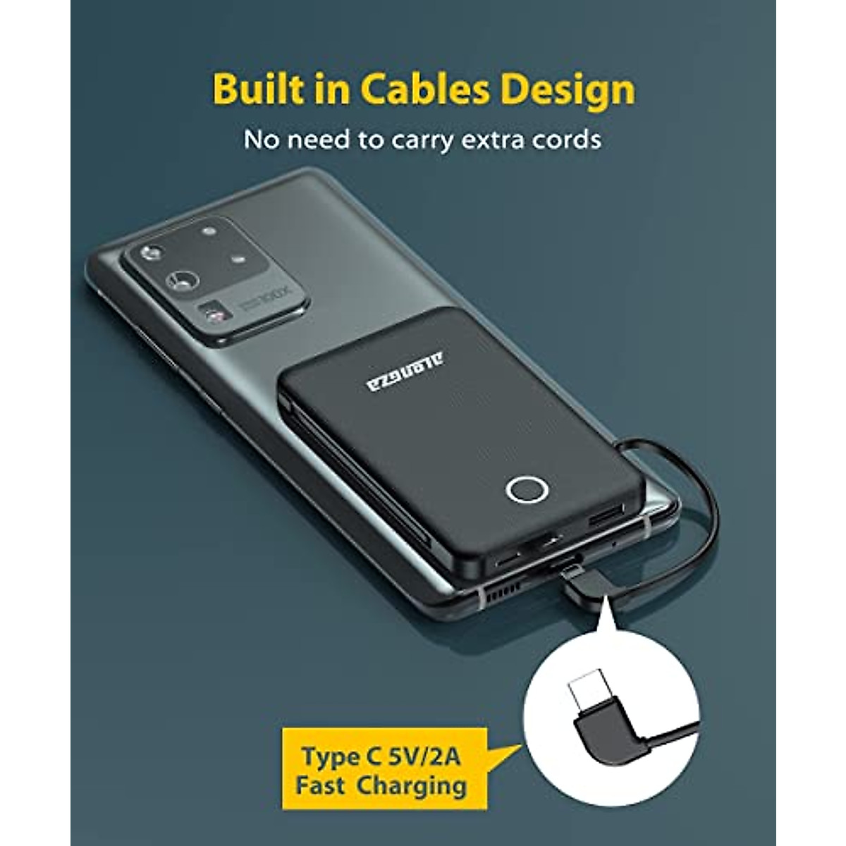 Portable Charger Small Size Built in Cable 6000mAh Power Bank, External Battery Pack Lightweight Backup Charger, Ultra Slim Battery Backup Charger for Cell Phones