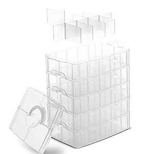 LifeSmart USA Stackable Storage Container Clear 50 Adjustable Compartments Compatible with Lego Dimensions LOL Surprise Littlest Pet Shop Arts and Crafts and More (5 Tier)