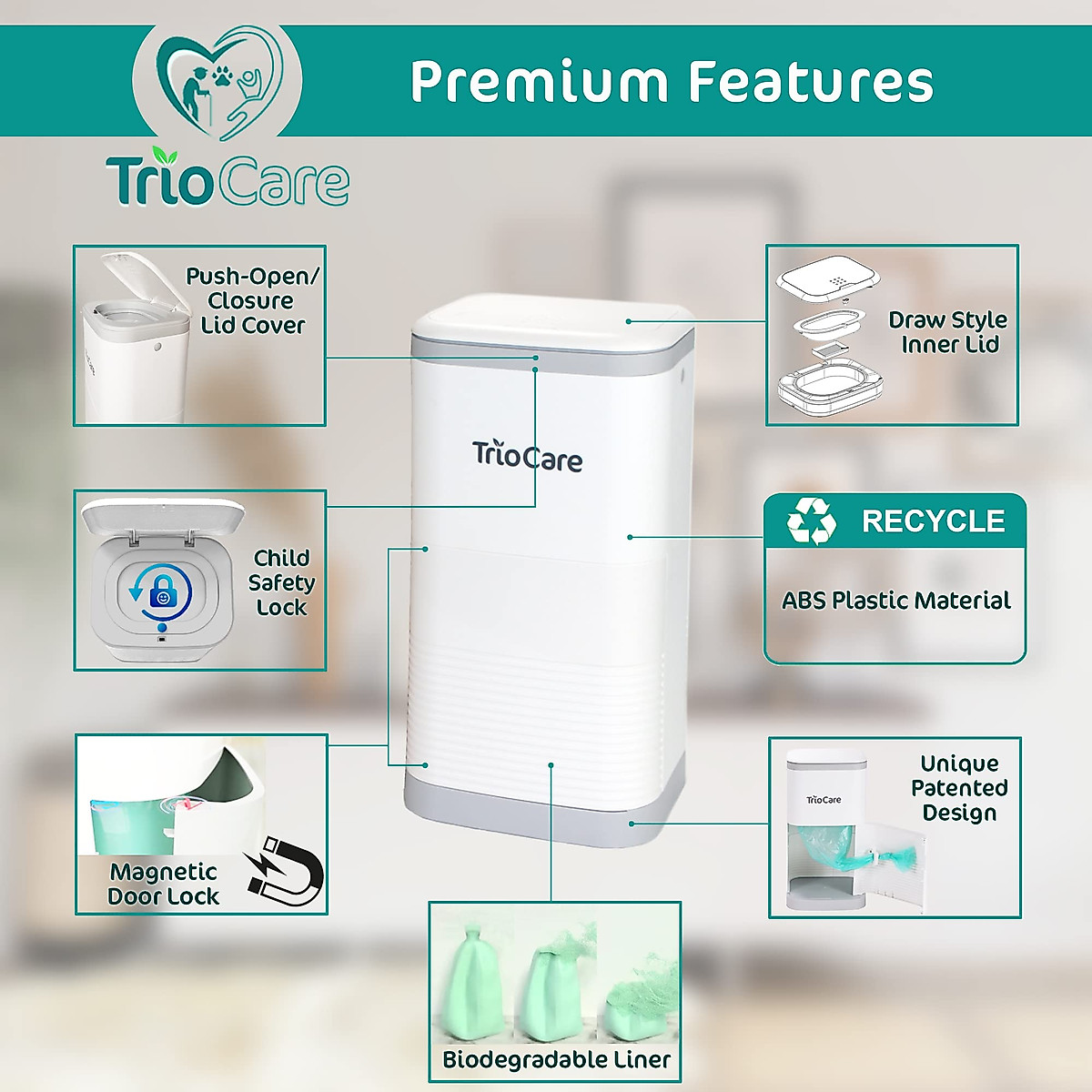 TrioCare Odor Locking Blocking Control Diaper Pail White | Over 12 Months Refill Bag Supply 5292 Count | Lavender Scent Value Gift Set | Modern Design Baby Senior Adult Pet Waste Disposal Dignity Bin