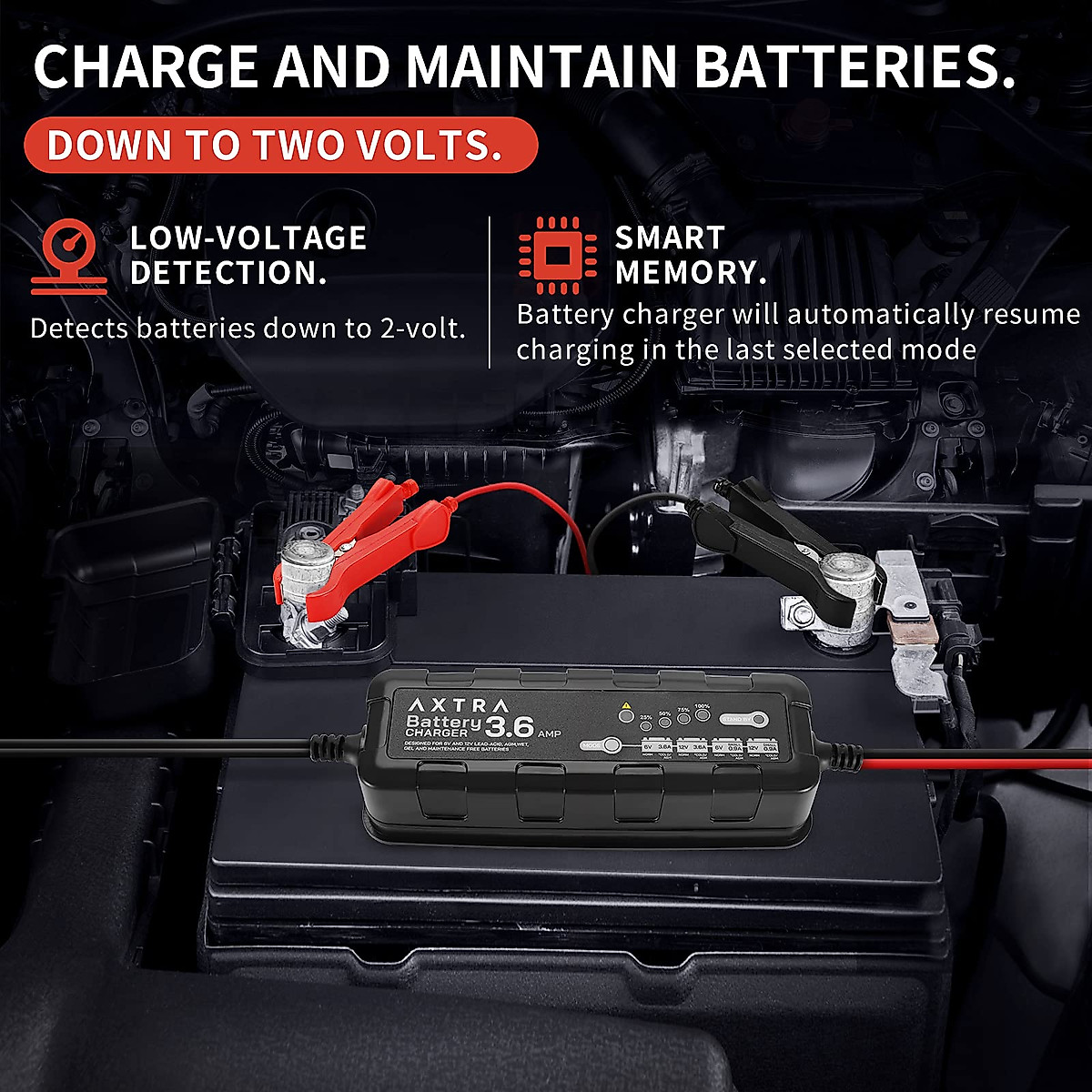 AXTRA 6V and 12V Car Battery Charger, 3.6-Amp Fully-Automatic Smart Battery Maintainer for Car, SUV, Truck, Motorcycle, Boat, RV, Lawn Tractors, ATV - (Lead Acid, AGM, Sealed, GEL, SLA, Flooded)