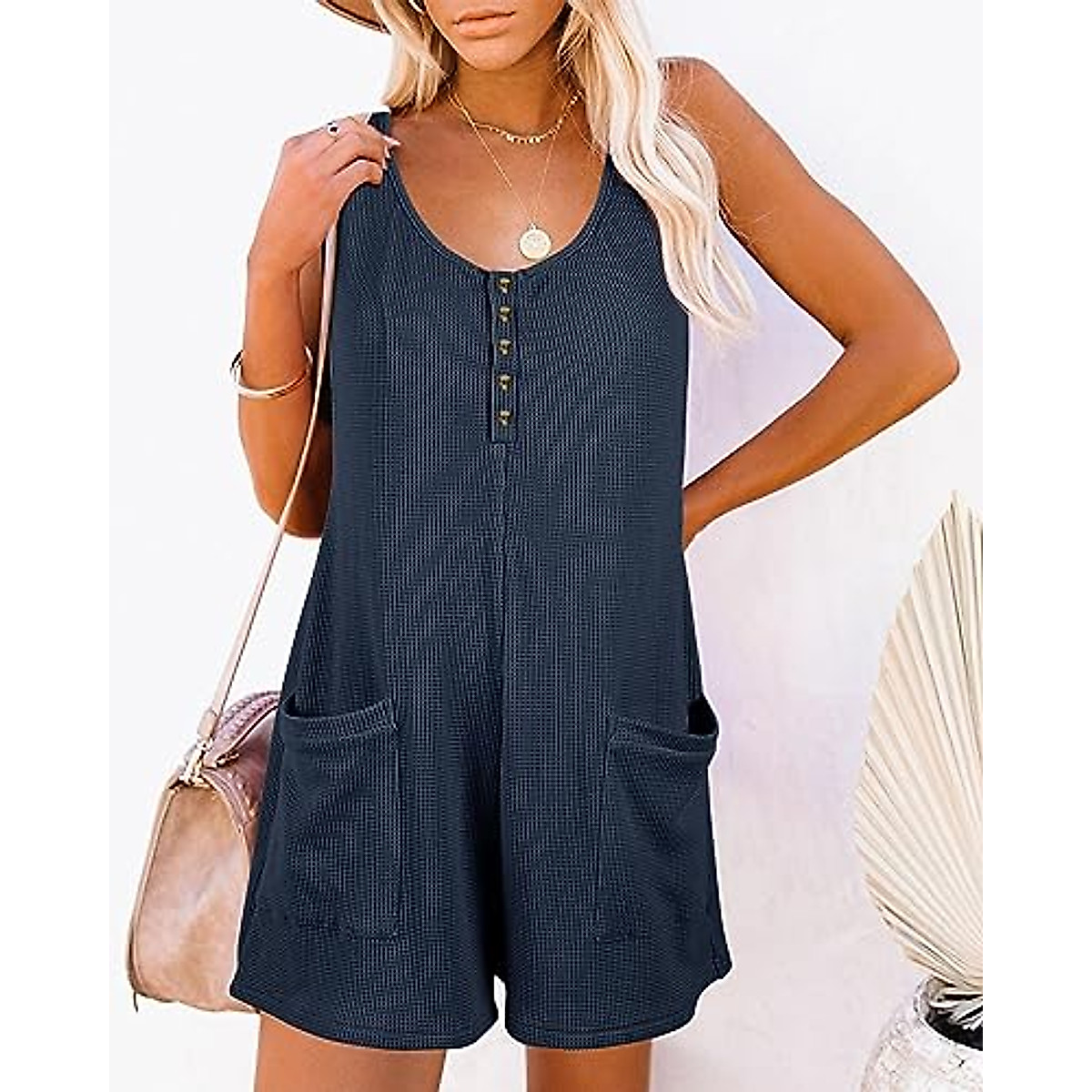 GTETKDE Rompers for Women Sleeveless Button Down V Neck Waffle Fabric Tank Top Jumpsuit with Pockets 2023 Summer Vacation Outfits DrakBlue M