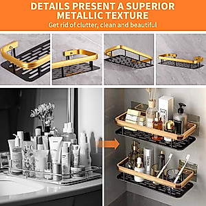 Self-Adhesive Shower Caddies Shelf Organizer Rack Wall Organization and Storage Bathroom Shelves Wall Mounted Organizer Shelves Rack Bathroom Decor Sets Spice Rack Shower Organizer, 2Pcs Black Gold