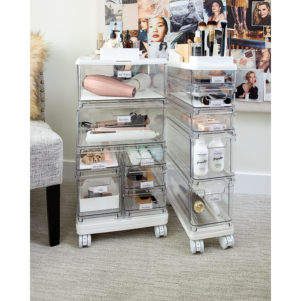 iDesign The Sarah Tanno Collection 5-Drawer Stacking Cosmetic Organizer Cart, Clear and White