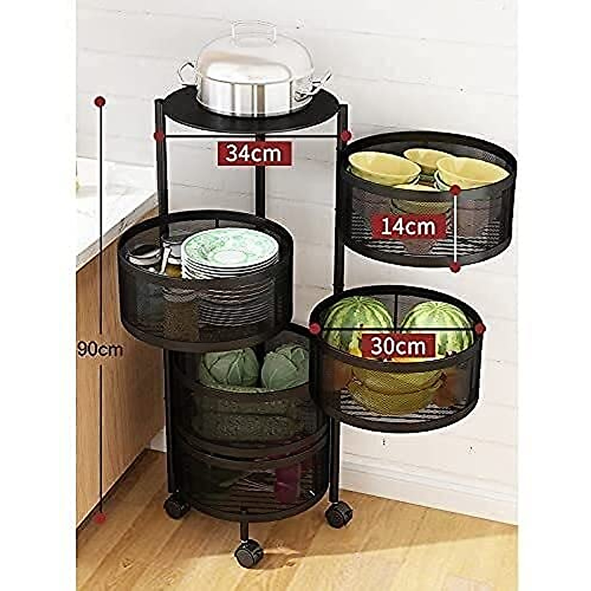 PRMAL Kitchen Movable Trolleys 5 Tier Kitchen Rotatable Storage Rack, Rotating Multi-Layer Kitchen Shelf with Wheels, Household Cart, for Kitchen Living Fruit Vegetable Snack Stand/B