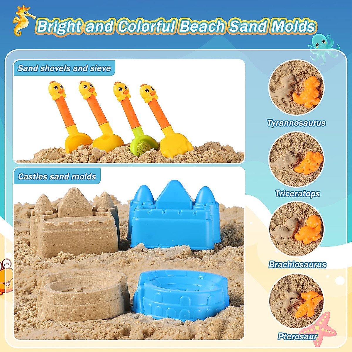 FENYAN Beach Toys for Kids, 22Pcs Toddler Sand Toys Includes Beach Bucket, Sand Castle Kit, Duck-Shape Watering Can, Sand Spade, Shovel, Rake, Sieve, Dinosaur Sand Molds for Preschool Boys Girls