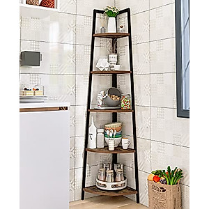 Pshelfy 5-Tier Corner Shelf, Rustic Corner Bookshelf Bookcase Multipurpose Corner Ladder Shelf Plant Stand for Living Room, Kitchen, Home Office Small Space (Brown)