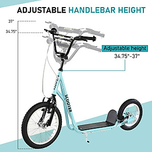 Aosom Youth Scooter, Teens Kick Scooter, Adjustable Handlebar Ride On Toy for 5+ with 16" Front and 12" Rear Dual Brakes Inflatable Wheels, Blue