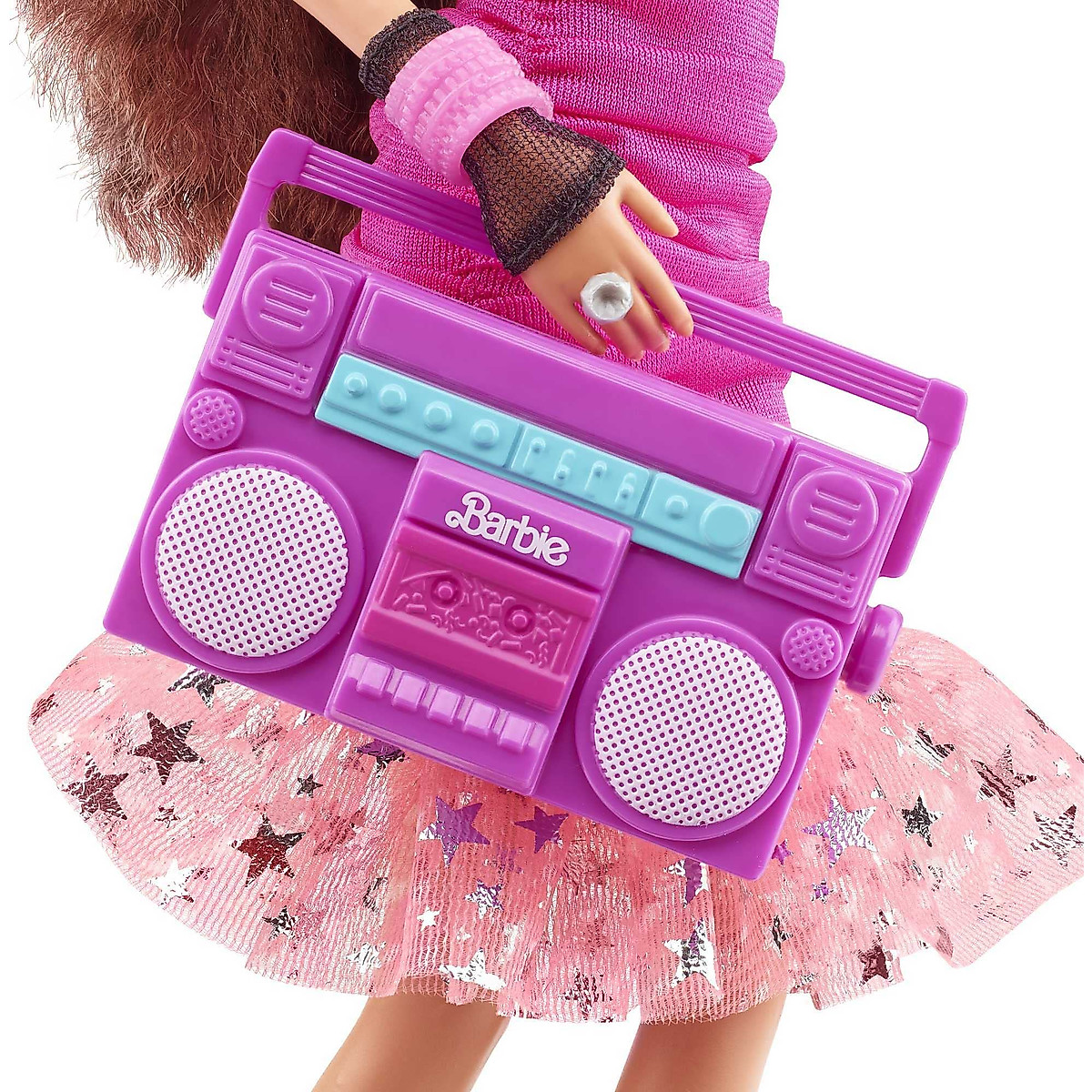 Barbie Rewind 80s Edition Dolls’ Night Out Doll (11.5-in Brunette) in Party Look Featuring Neon Jacket, Skirt & Accessories, with Cassette Tape Doll Stand, Gift for Collectors