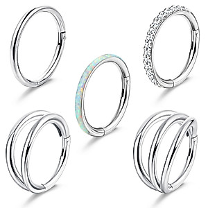 YADOCA 5Pcs 18G 16G Surgical Steel Nose Rings Hoops for Women Men Clicker Septum Hinged Segment Lip Nose Rings Helix Cartilage Conch Rook Earrings CZ Opal Body Piercing Jewelry 8mm 10mm