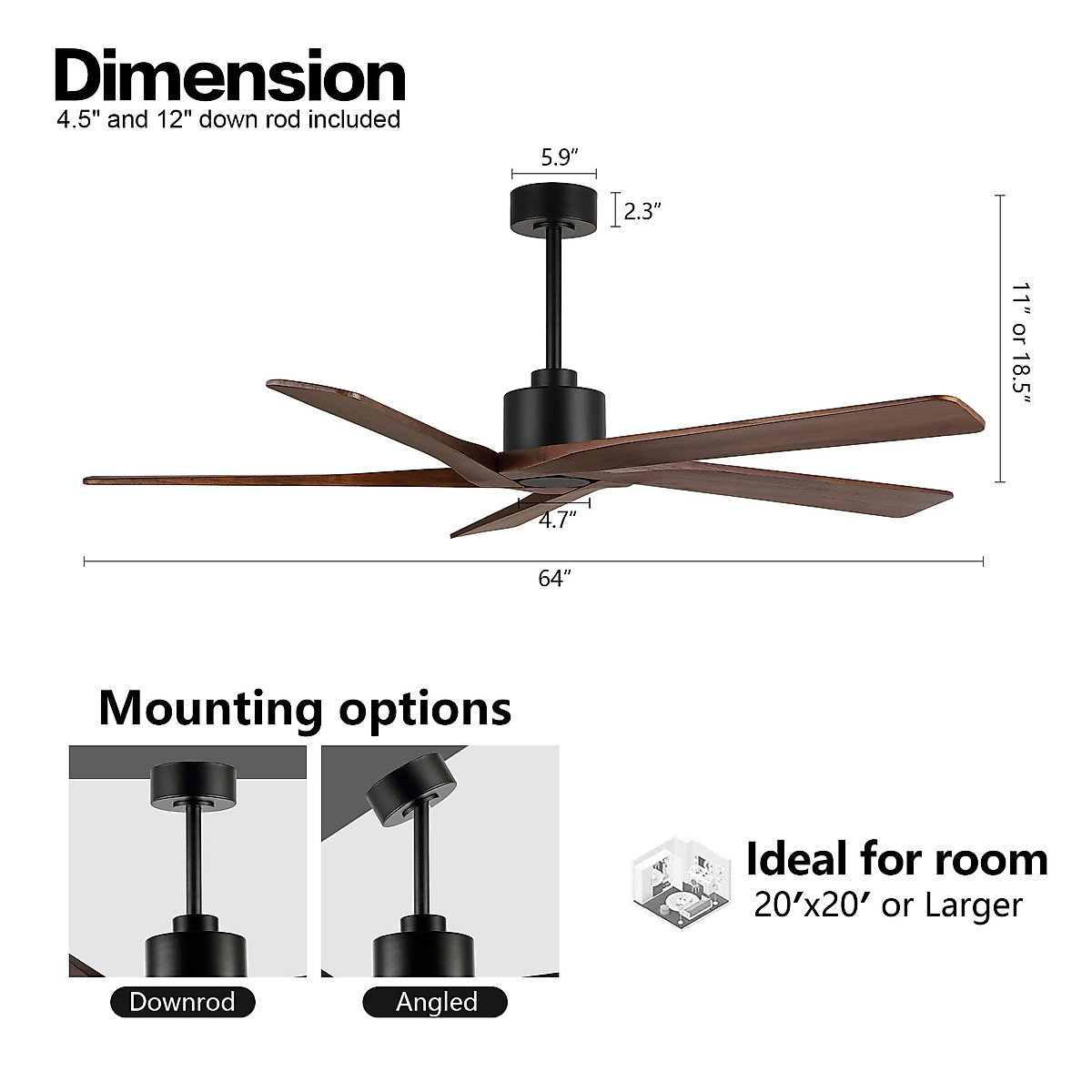 WINGBO 64 Inch DC Ceiling Fan without Lights, 5 Reversible Carved Solid Wood Blades, 6-Speed Noiseless DC Motor, Ceiling Fan No Light with Remote, Matte Black Finish with Walnut Blades, ETL Listed