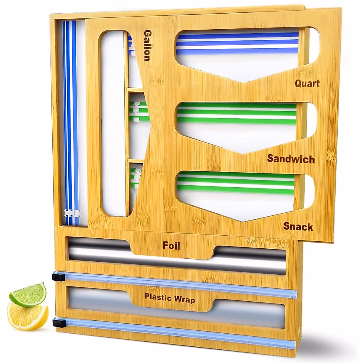 Deepdive Ziplock Bag Organizer and Plastic Wrap Dispenser with Cutter, 6 IN 1 Bamboo Foil and Plastic Wrap Organizer for Kitchen Drawer, Ziplock Bag Storage Organizer for Gallon,Quart,Sandwich,Snack