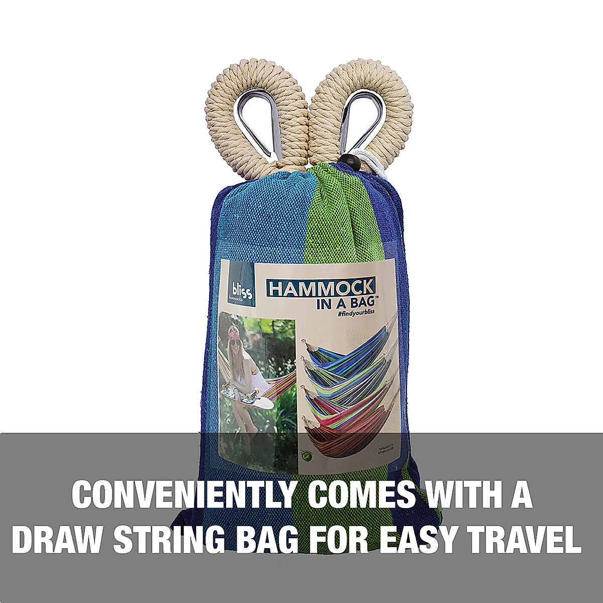 Bliss Hammocks BH-400-SB 40" Wide Hammock w/Hand-Woven Rope Loops & Hanging Hardware, Outdoor, Patio, Backyard Durable, Cotton and Polyester Blend, 220 Lbs Capacity, Seabreeze