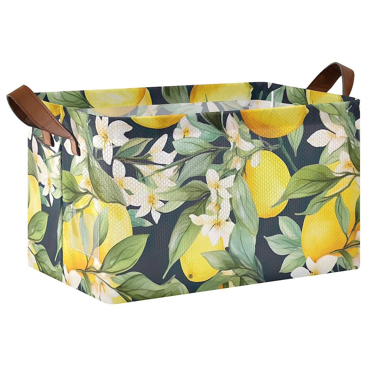 Emelivor Watercolor Yellow Lemon Black Storage Bins for Shelves Foldable Storage Baskets for Organizing Closet Shelf Nursery Home Decorative Rectangular Storage Cubes with Handles