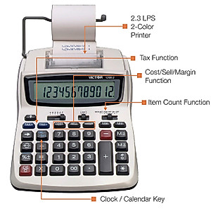 Victor Printing Calculator, 1208-2 Compact and Reliable Adding Machine with 12 Digit LCD Display, Battery or AC Powered, Includes Adapter,White