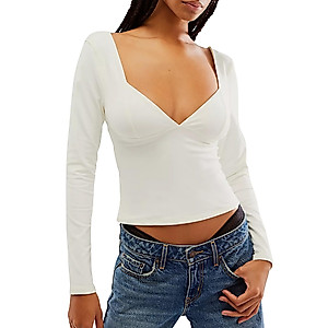 Cioatin Women’s Y2K Long Sleeve Sweetheart V Neck Bustier Crop Tops Tee Slim Fit Corset Going Out Cropped T Shirts Fall White