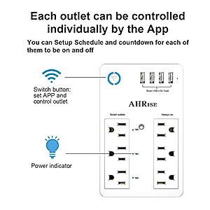 Smart Plug, USB Wall Charger, AHRISE WiFi Surge Protector with 4 USB Ports(4.8A/24W Total), 6-Outlet Extender(3 Smart Outlets), Compatible with Alexa Google Assistant for Voice Control