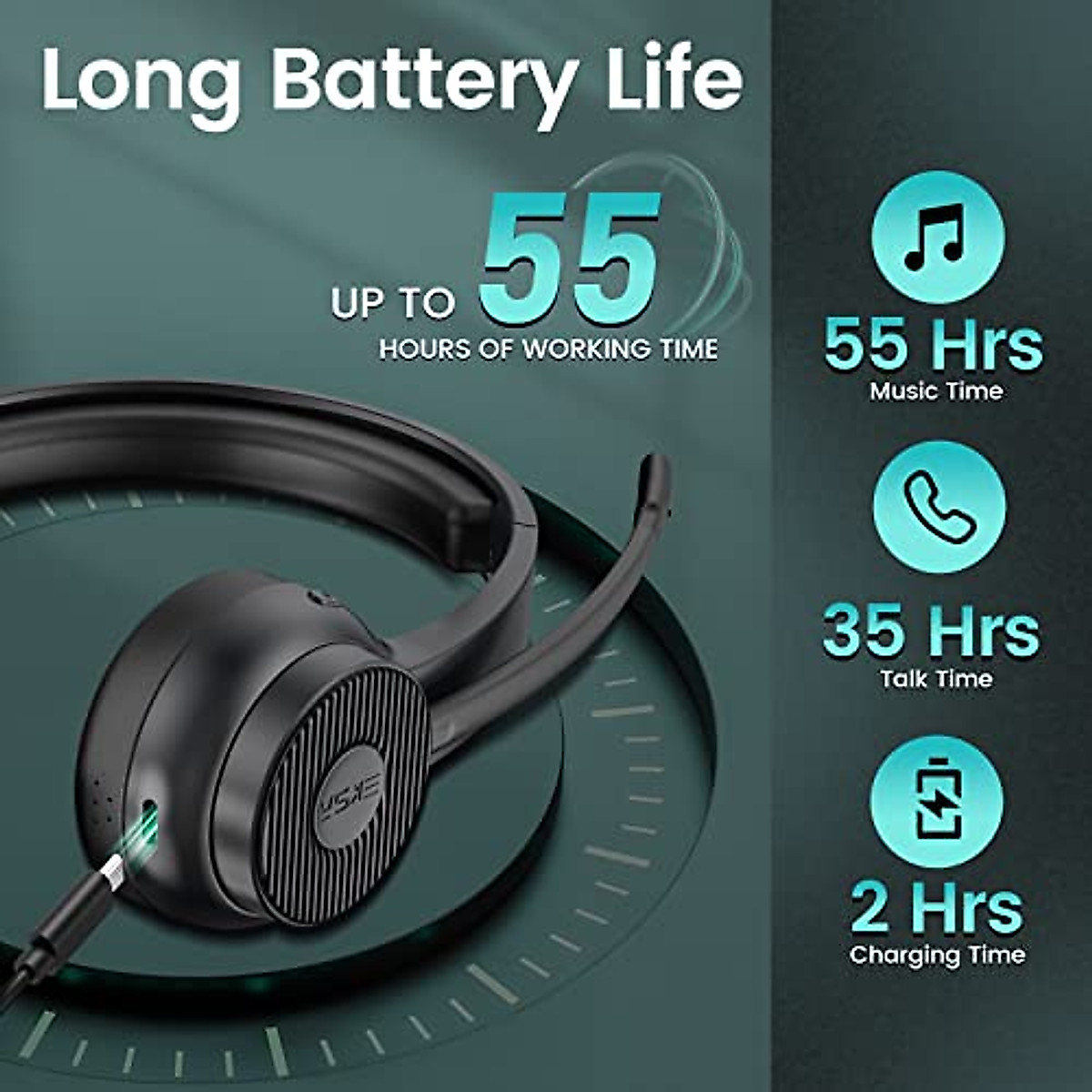 Bluetooth Headset V5.2, Wireless Headset for PC with AI Environmental Noise Cancelling Microphone (ENC), 2.4G USB Adapter, 55Hours Playtime, Stereo, Calls/Music Mode, On Ear Computer Headphones