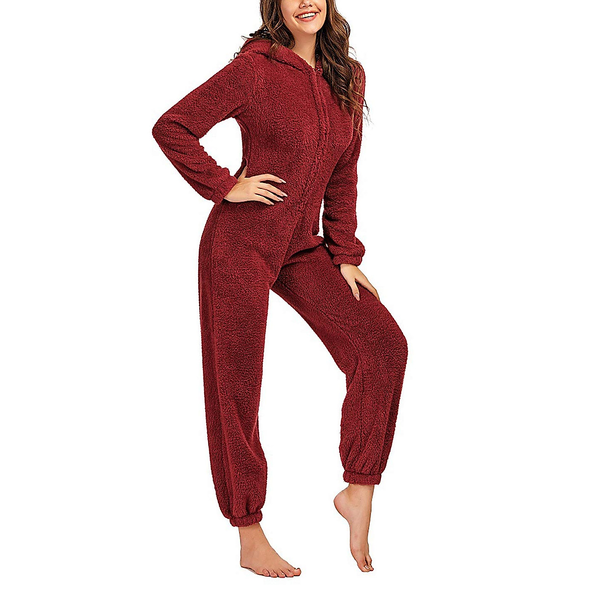 chouyatou Women's Ultra Comfy Lounge Furry Sherpa Romper Onesie Pajamas Cute Ear Hood (Medium, Red)