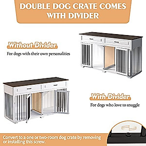PIAOMTIEE Dog Crate Furniture, 72.4 Inch Wooden Dog Kennel, Modern Decorative Dog Crate End Table, Dog House with Double Doors, Drawers, Divider, Indoor Dog Cage for Large Medium Dogs, White