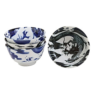 Ebros Gift Blue And Black Japanese And Chinese Longwei Dragons Ceramic Bowls Pack Of 4 Made In Japan Kitchen Dining Asian Cuisine Restaurant Supply Grade Microwave Dishwasher Safe 14oz Soup Salad Bowl