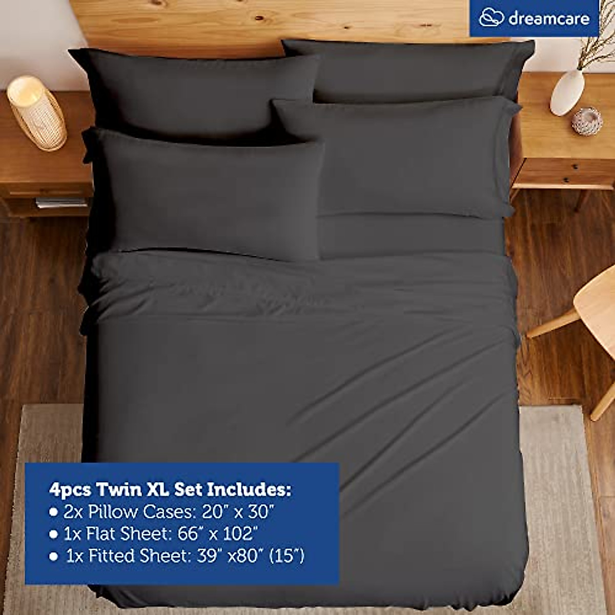 DREAMCARE Twin XL Sheets - Cooling Bed Sheets - 4pcs Set - XL Twin Sheet Set - Twin XL Fitted Sheet - Extra Long Twin Sheets Soft & Long Lasting 100% Fine Brushed Polyester with Side Pocket - Gray