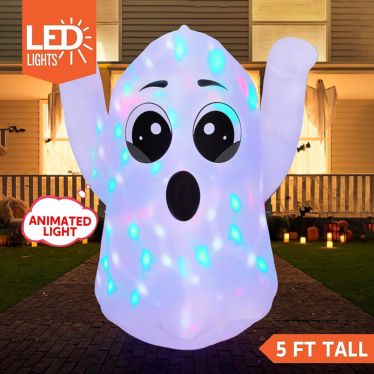 Halloween Inflatable Ghost Decor - 5 Ft with Colorful Lights