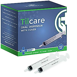 10ml Oral Dispenser Syringe with Cover 100 Pack by Tilcare - Sterile Plastic Medicine Droppers for Children, Pets & Adults – Latex-Free Medication Syringe - Syringes for Glue and Epoxy