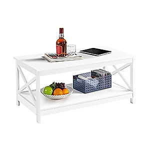 Yaheetech Wood 2-Tier White Coffee Table with Storage Shelf for Living Room, X Design Accent Cocktail Table, Simple Design Home Furniture, 39.5 x 21.5 x 18 Inches