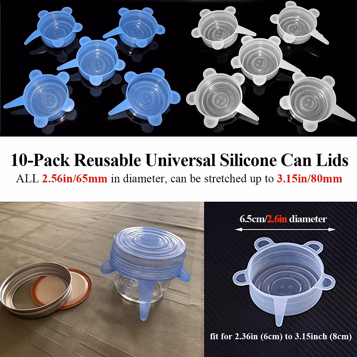 Adpartner Silicone Can Lids (10 Pack, All 2.6'' Diameter), Reusable Silicone Stretch Lids for Pet Food Cans, BPA-free Silicone Seal Can Covers for Yogurt Jars Soda Regular Mason Jars Canned Pet Foods