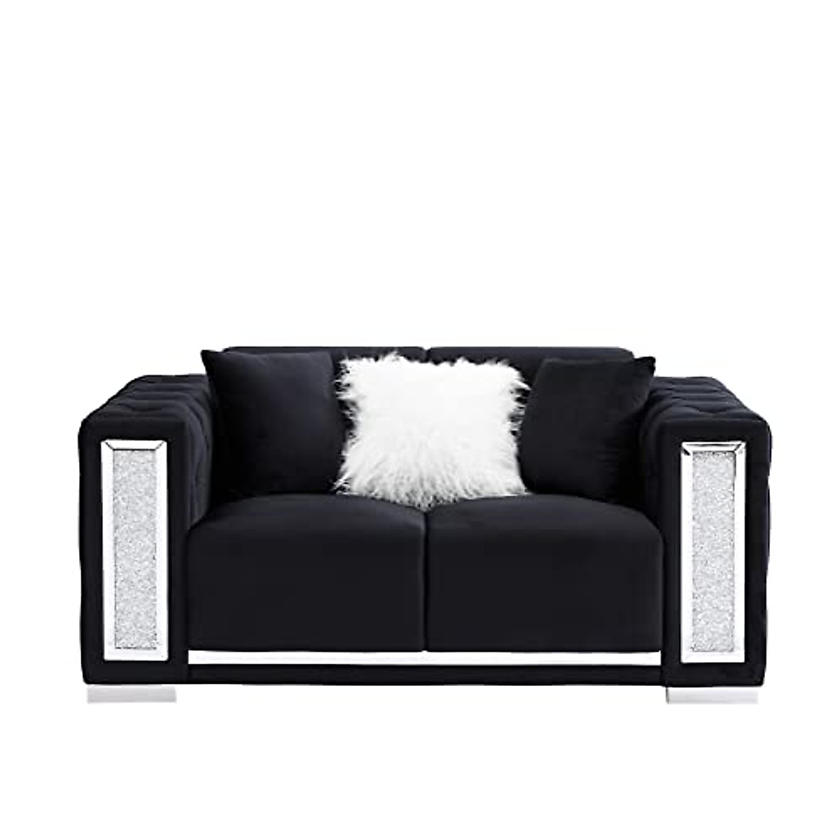 Melpomene Black Velvet Loveseat Sofa,Handmade Button Tufted Square Arm withFaux Diamonds, Mirrored Trim,Silver Metal Legs