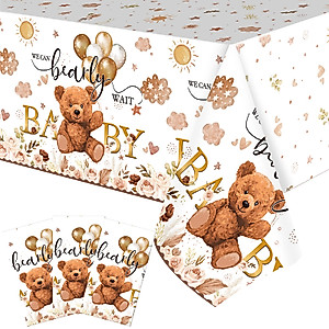Tatuo 3 Pcs We Can Bearly Wait Baby Shower Tablecloth Decorations Teddy Bear Table Cover Balloon Bear Plastic Tablecloth for Bear Theme Birthday Baby Shower Party Decor, 54 x 108 Inch