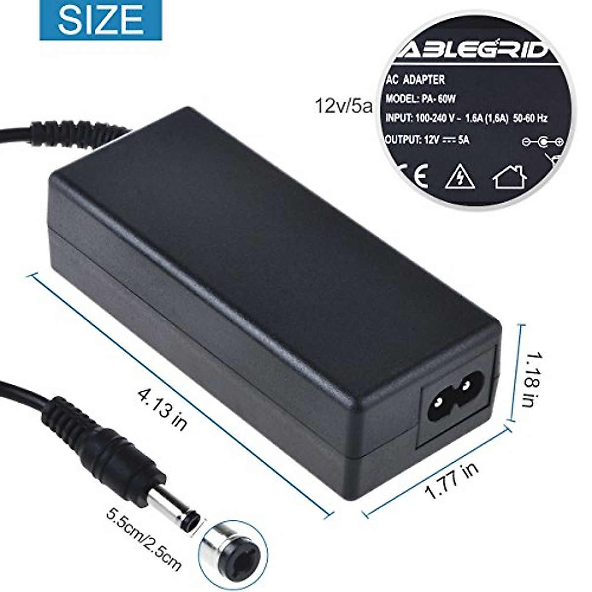 ABLEGRID Charger Compatible with Swann Lorex Q-See Security Camera 12V 5A 60W 2-Prong Plug AC to DC 2.5x5.5mm w/8-Way Power Splitter Cable Power Supply for CCTV Security Camera DVR, LED Strip Lights